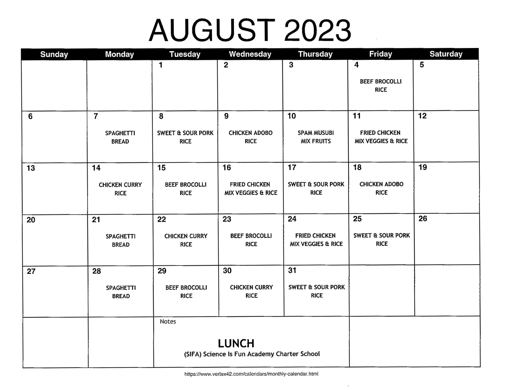 REVISED – AUGUST LUNCH MENU – SIFA