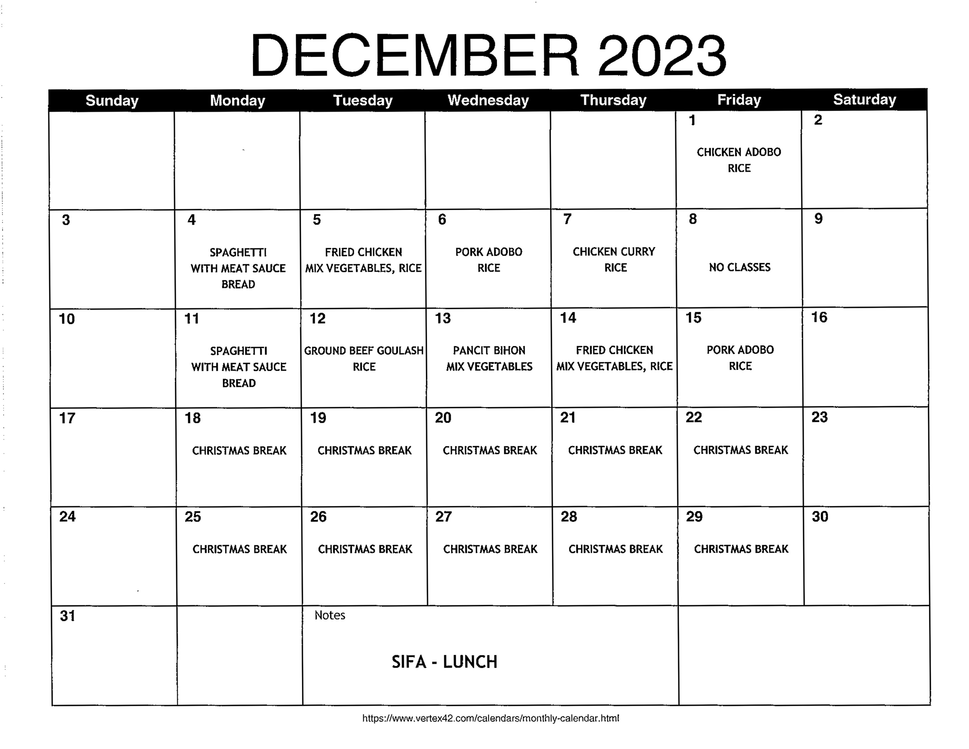 December Lunch Menu – SIFA