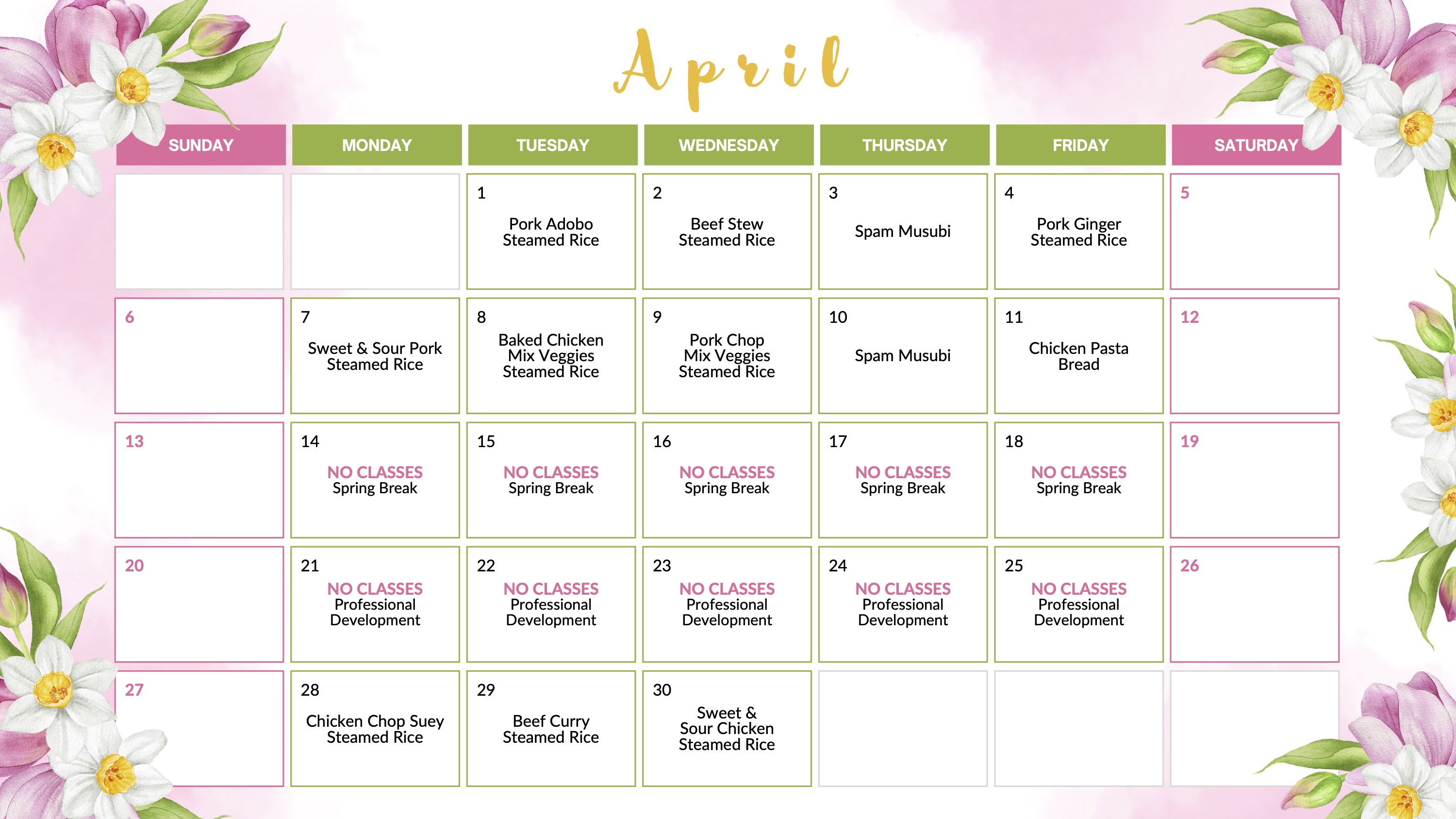 APRIL LUNCH MENU – SIFA