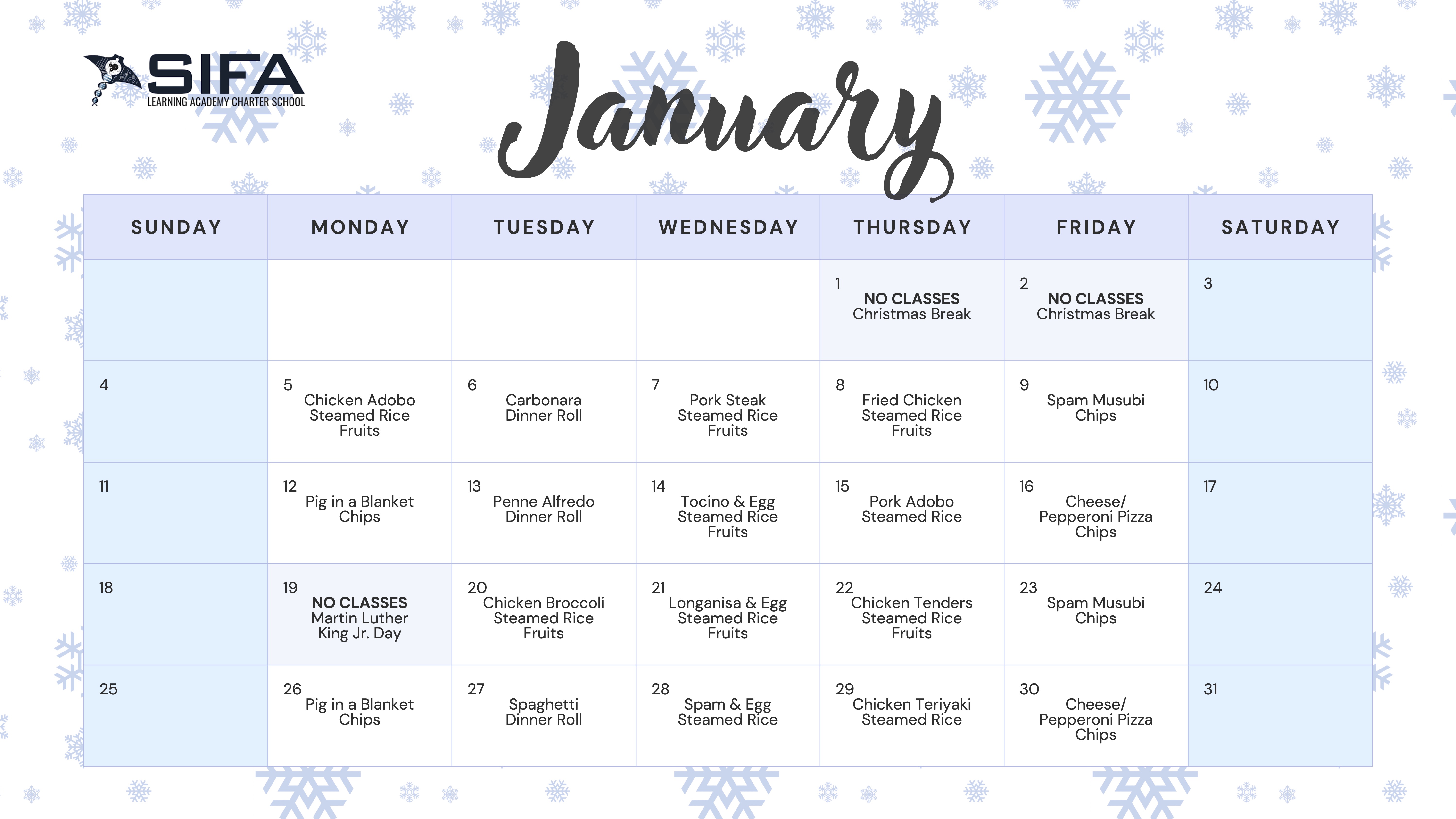JANUARY 2026 LUNCH MENU – SIFA